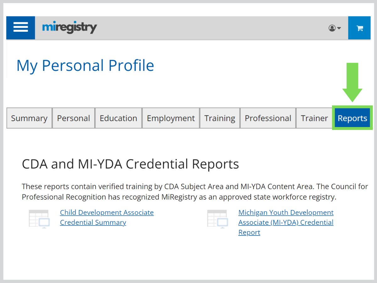 CDA and MI-YDA Credential Reports - MiRegistry